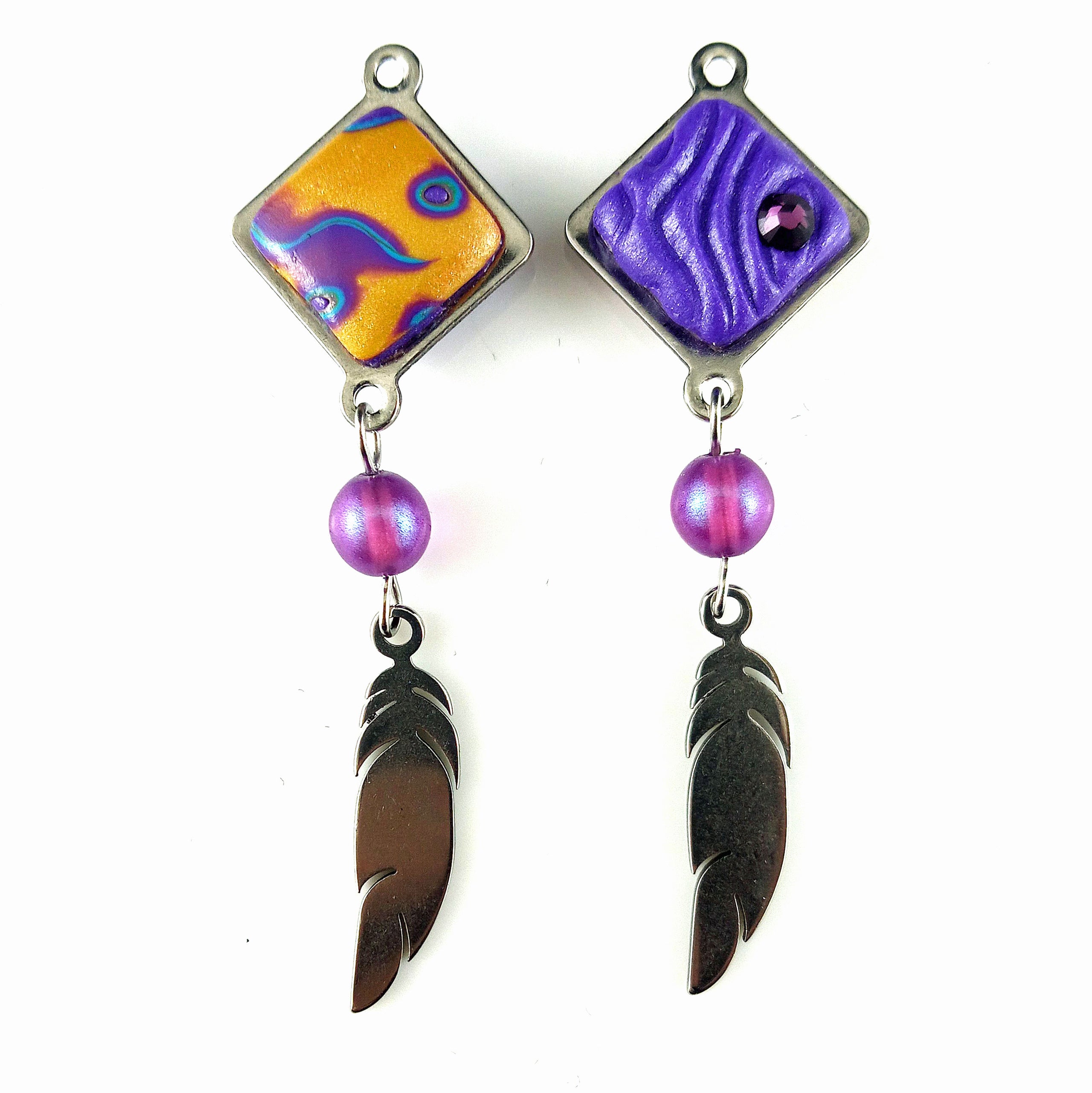 Clay & Stainless Steel Reversible Earring Beads - Violet & Yellow with ...
